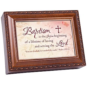 Cottage Garden Baptism Beginning of a Life Serving Woodgrain Rope Trim Jewelry Music Box Plays Jesus Loves Me