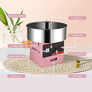ROVSUN 21 Inch Cotton Candy Machine, Electric Cotton Candy Maker Candy Floss Machine w/Stainless Steel Bowl, Sugar Scoop and Large Storage Drawer for Commercial Home Party Carnival, Pink