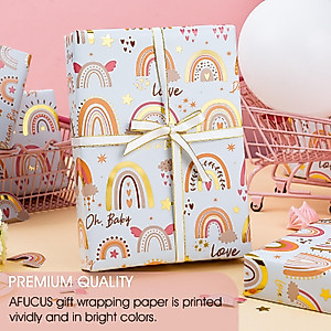 Afucus Boho Rainbow Wrapping Paper, Gold Foil Rainbow, Clouds, Hearts and Stars Themed Gift Wrap Paper, Cute Mini Rolls for Birthday, Baby Shower, Boy, Girl, Kids (17 Inch X 33 Feet)