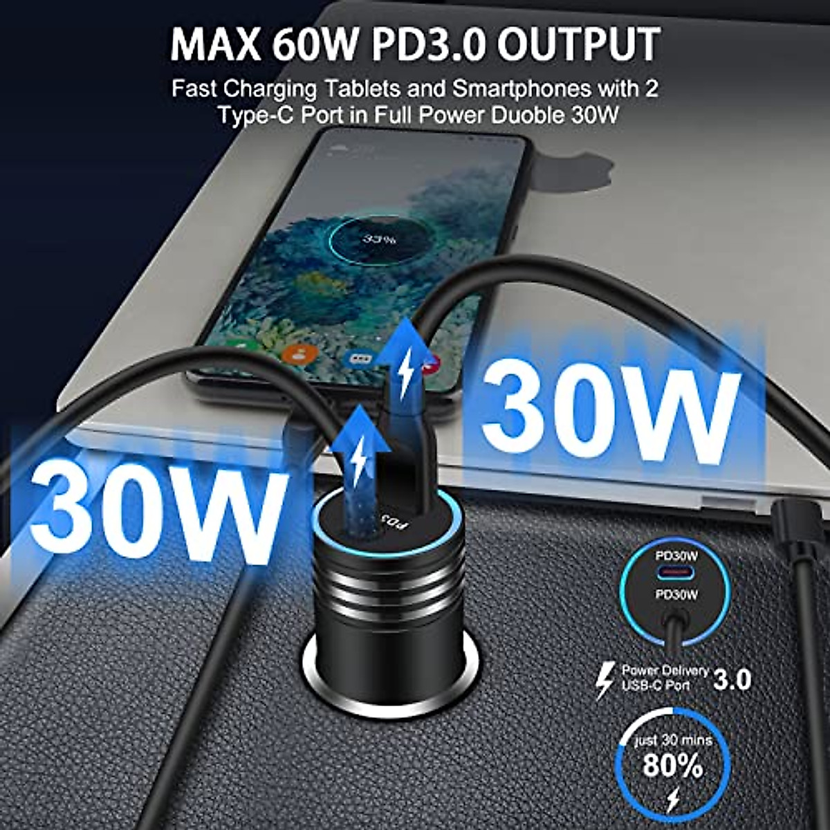 Super Fast USB C Car Charger 60W for Samsung Galaxy S23 Ultra S23+ S23 A14 5G A13 A53 S22 S21 A54 A34 S20 Z Fold4 Flip4 A03s F04,iPhone,Google Pixel 7,3ft Type C Cable,Android Phone Automobile Adapter