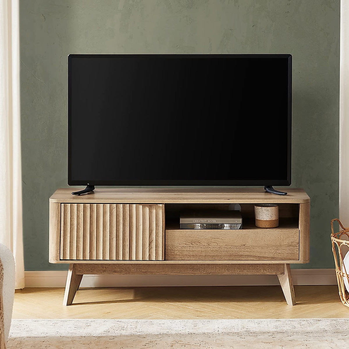 mopio Brooklyn Mid-Century Modern TV Stand, for TVs up to 50” / 59" Waveform Panel, Sleek Curved Profile with Adjustable Shelf and Sturdy Box Frame Leg (Golden Oak, 47")