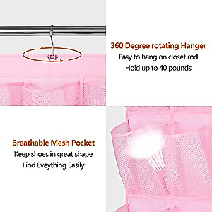 AOODA Hanging Kids Shoe Organizer for Closet Rod Double Sided 30 Large Pockets Baby Shoe Rack for Toddler Shoe Holder With Rotating Hanger For Barbie, Baby Nursery, (Pink)