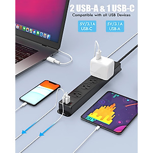 Surge Protector Power Strip with USB C Ports, 5 Outlets 3 USB Ports(1 USB C), 5FT Braided Extension Cord with Multiple Outlets, Mountable Power Strips Flat Plug for Home, Office, Dorm