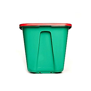 Homz Holiday Plastic Storage Tote Box, 32 Gallon, Greed With Red Lid, Stackable