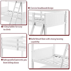 Costzon Wood Twin Over Twin Bunk Beds Convertible 2 Individual Twin Beds for Kids Children, Solid Rubberwood Bunk Bed with Ladder and Safety Rail (White)