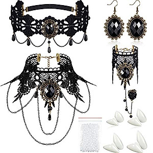 8 Pieces Halloween Vampire Teeth Fangs Vampire Choker Earrings Bracelets Gothic Costume Jewelry for Victorian Vampire Halloween Party, Zombie Cosplay Party Supplies