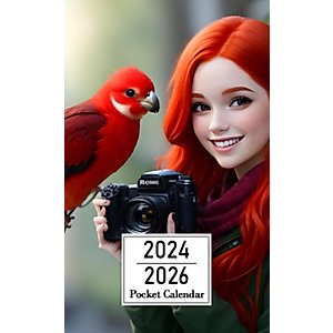Pocket Calendar 2024-2026: Two-Year Monthly Planner for Purse , 36 Months from January 2024 to December 2026 | Red-haired girl | Smiling while photographing bird