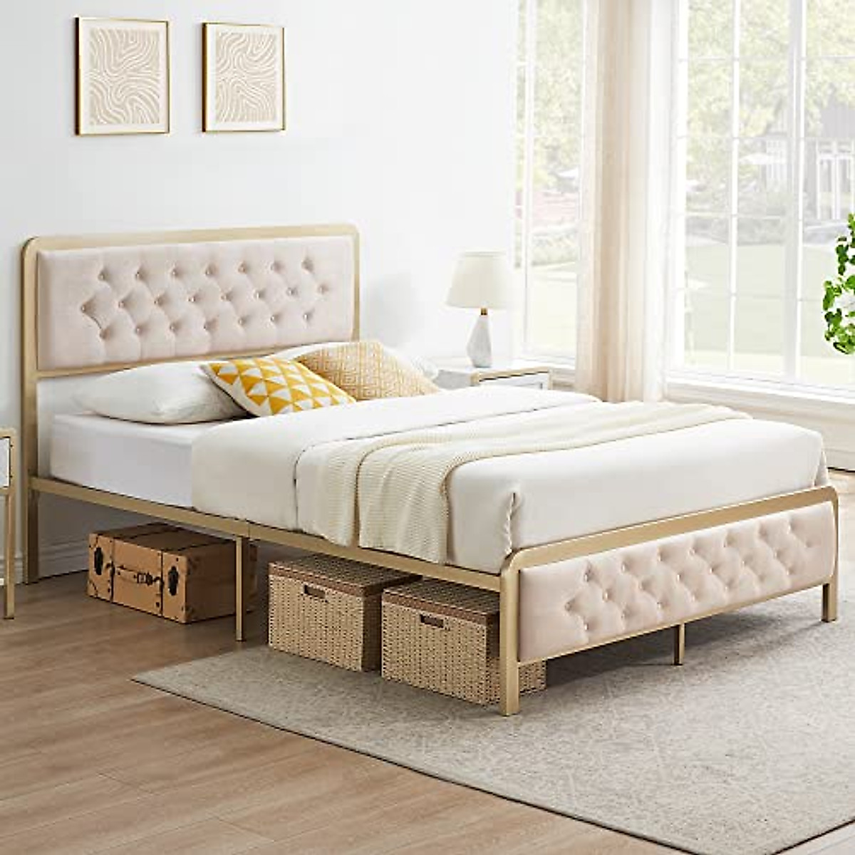 Amyove Golden Queen Size Bed Frame,Upholstered Bed Frame with Button Tufted Headboard,Heavy Duty Metal Easy Assembly,No Box Spring Needed (Beige, Queen)