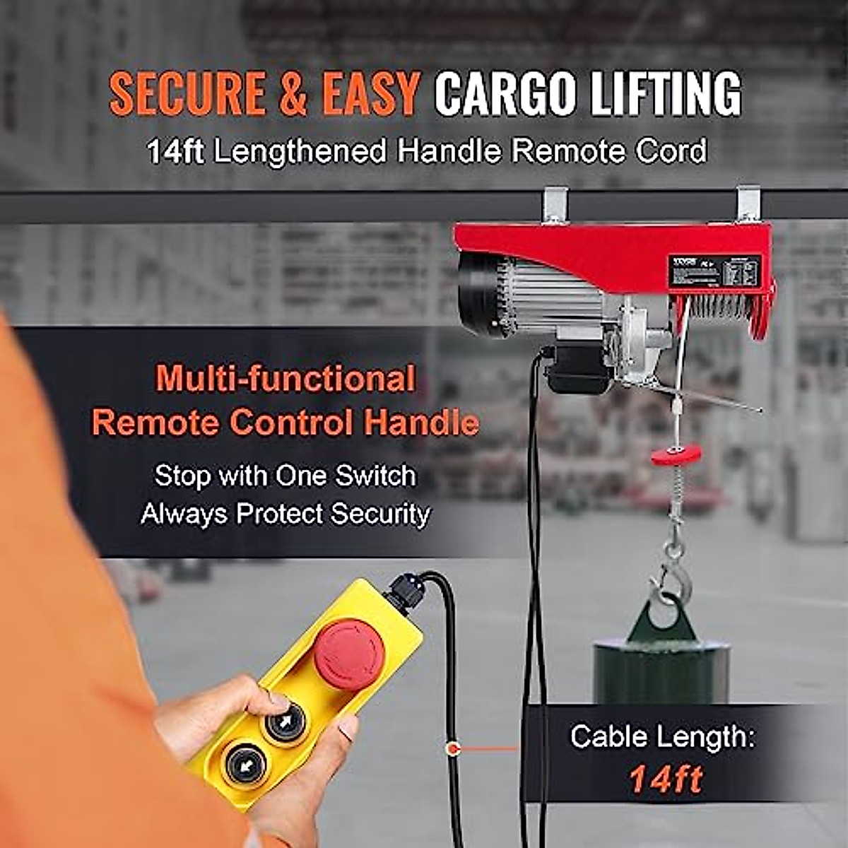 VEVOR Electric Hoist with 14ft Control, 1320LBS Electric Winch, 110V Electric Hoist with Remote Control & Single/Double Slings for Lifting in Factories, Warehouses, Construction Site, Mine Filed