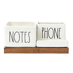 Rae Dunn Desk Organizer, Ceramic and Wood Organizer Tray with Cell-Phone Holder, Note-Card Holder, and Pen Holder, Organizer for Office Desk Accessories