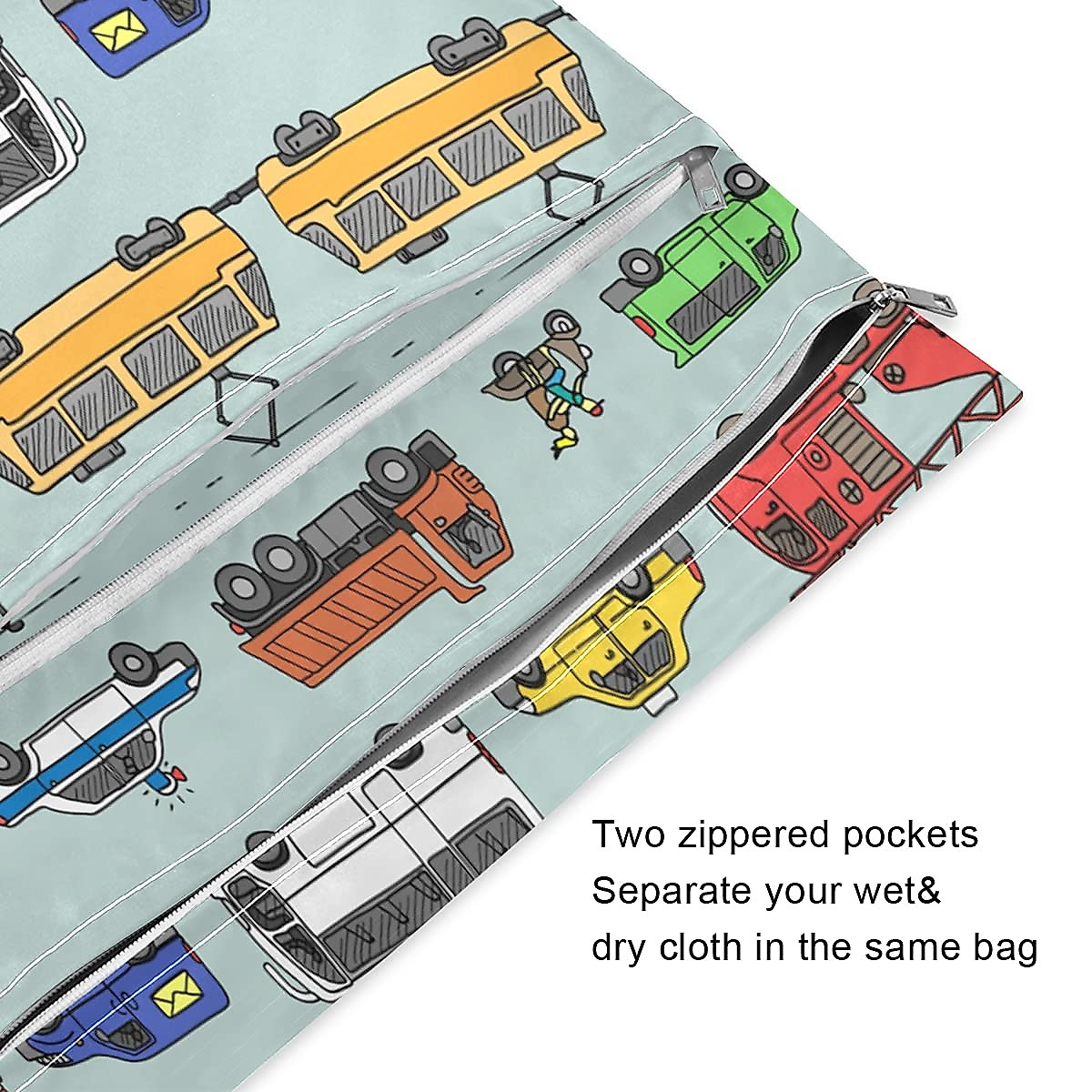 2pcs Bus Truck Car Cloth Diaper Wet Dry Bag Waterproof Reusable Wet Dry Organizer,Transportation Washable Wet Bag with Two Zippered Pockets for Travel Beach Gym Swimsuits Toiletries