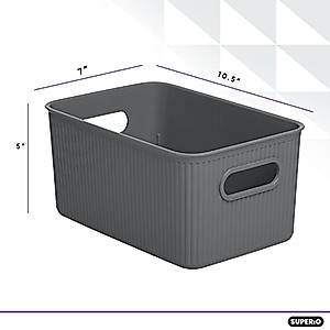 Superio Decorative Plastic Open Home Storage Bins Organizer Baskets, Medium Grey (2 Pack) Container Boxes for Organizing Closet Shelves Drawer Shelf - Ribbed Collection 5 Liter
