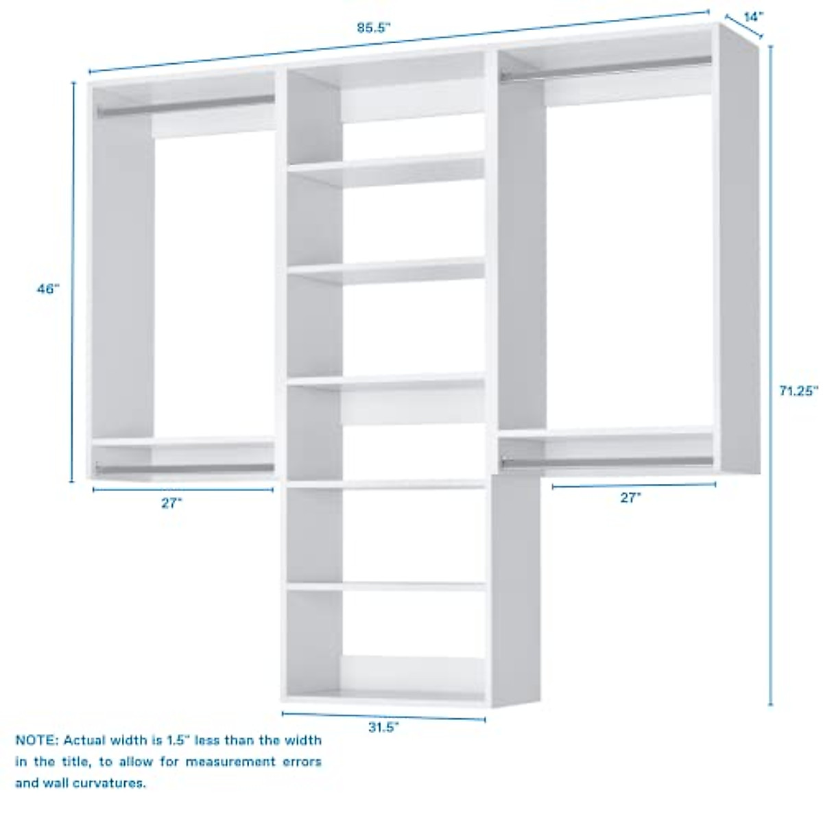 Closet Kit with Hanging Rods & Shelves - Corner Closet System - Closet Shelves - Closet Organizers and Storage Shelves (White, 87 inches Wide) Closet Shelving
