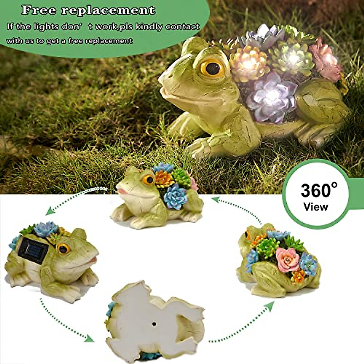 pearlstar Garden Statues Frog Figurine - Solar Powered Resin Animal Sculpture, Waterproof Lights Indoor Outdoor Decor, LED Yard Art Decoration Landscape Lawn Ornaments for Patio Backyard (1 Pack)