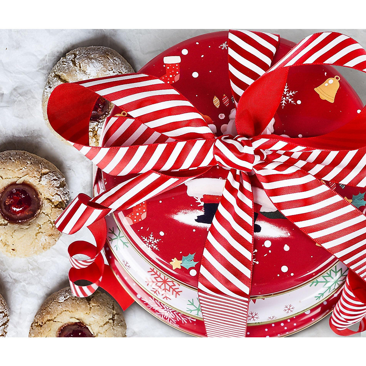 JOYCUBE Cookie Tins with Lids, 3 Pack Christmas Cookie Tins with 16.5ft Gift Ribbon, Festive Cookie Cake Containers Tins for Gift Giving & Holiday Treats, Round Metal Nesting Containers