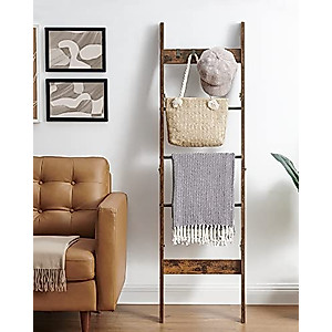 Hzuaneri Blanket Ladder - for Bedroom, Decorative Wood Quilt Rack with 4 Removable Hooks, 5-Tier Farmhouse Ladder Holder Organizer for Bathroom Living Room, Rustic Brown and Black 02101BBR