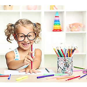 WAVEYU Pen Holder for Women Girls, Decorative Pencil Organizer, Makeup Brush Holder, Leather Multi-Functional Organizer for Office, Home, Classroom, White Flower