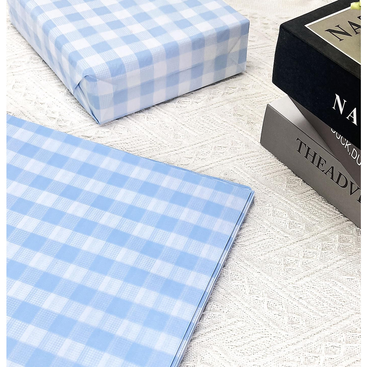 MUNILAIL 100 Sheets Gingham Tissue Paper 14 x 20 Inches Light Blue and White Checkered Tissue Paper for Gift Bags Bulk Wrapping Paper Gift Paper Tissue for Birthday Gift Packing Crafts