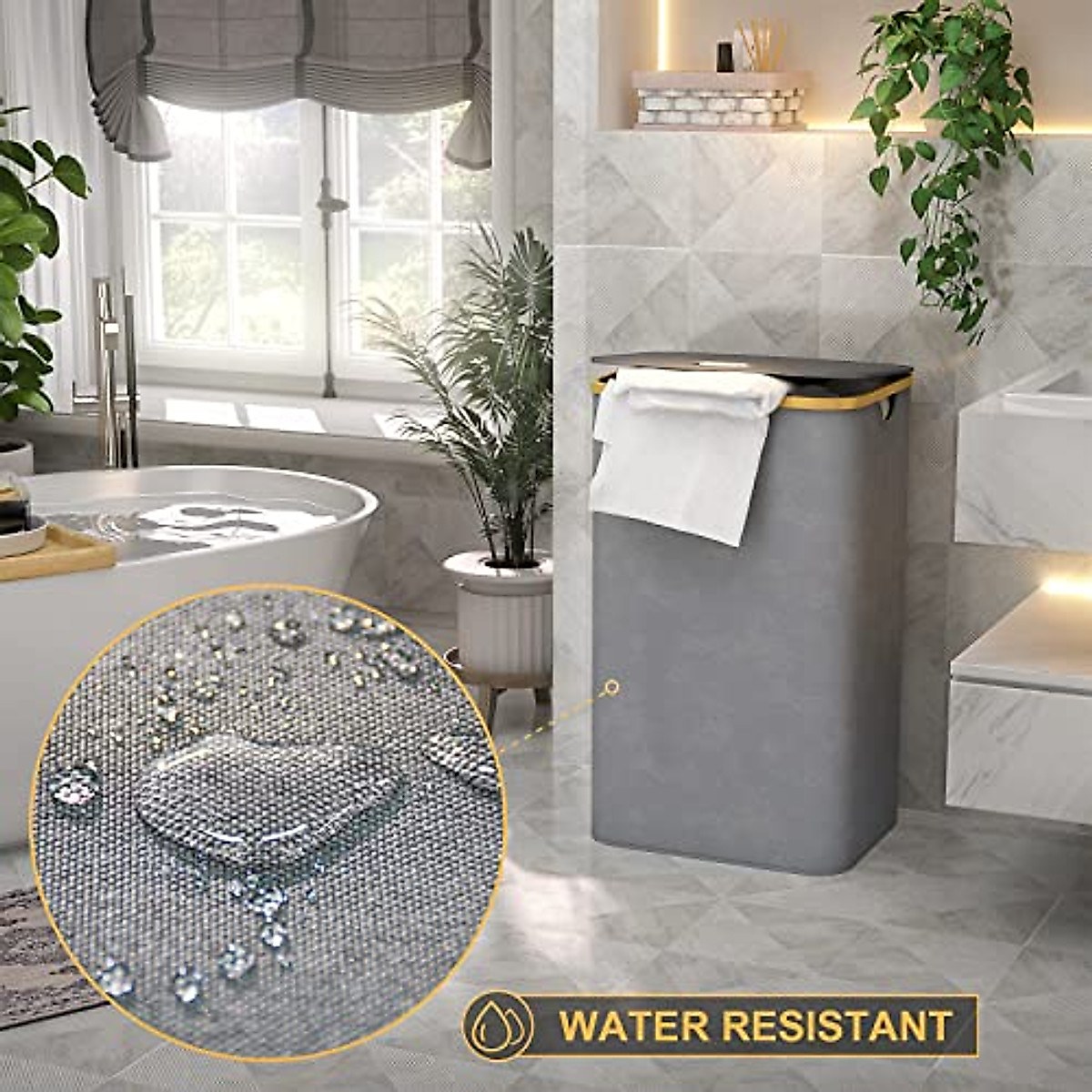 Homykic Laundry Basket with Lid, 97L Large Hamper Clothes Storage Basket with Bamboo Handles, Foldable Tall Laundry Organizer for Dorm, Bathroom, Bedroom, Clothing, Blanket, Light Grey