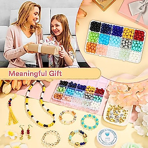 8mm Glass Beads for Jewelry Making, 15 Colors Crystal Round Gemstone Stone Beads, 375 Pcs DIY Craft Bead Bracelet Making Kit with 12 Styles Accessories Spacer Beads for Earrings Necklaces Rings