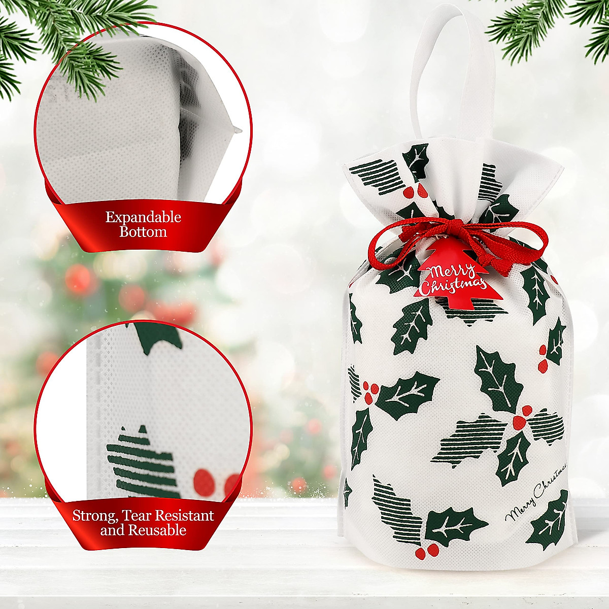 Fabric Gift Bags for Christmas Presents - Set of 6 Christmas Bags with Drawstring, Large Christmas Gift Bags for Presents, Christmas Gift Wrap, Reusable Christmas Bags for Gifts (Christmas Holly)