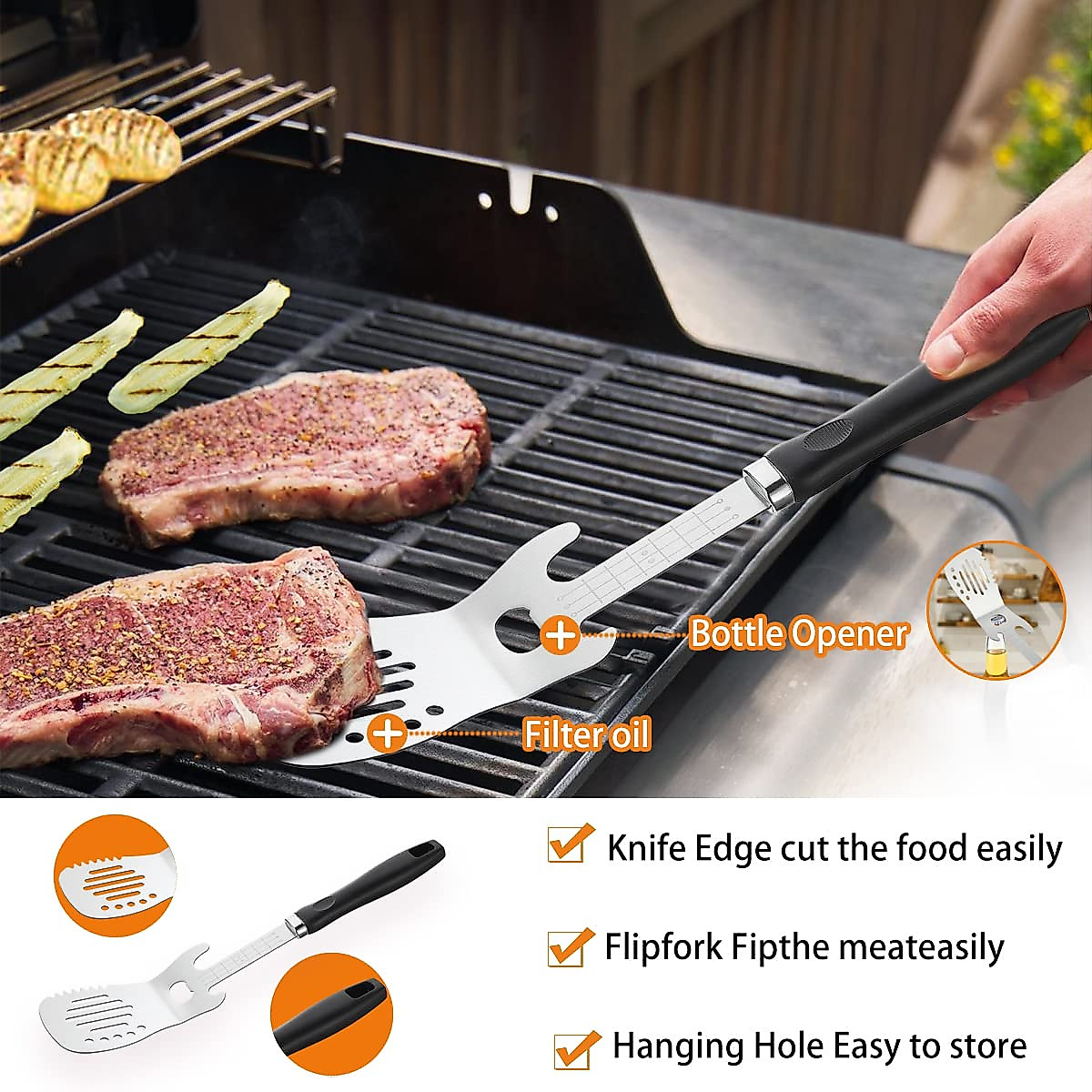 ROMANTICIST 5PCS Guitar Style Heavy Duty Grill Tool Set - Stainless Steel BBQ Tools including Spatula, Fork, Tongs, Basting Brush and Storage Bag in Unique Guitar Shape - Perfect Grill Gift Choice