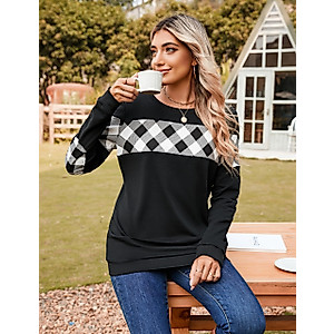 Blooming Jelly Women's Color Block Plaid Shirt Crewneck Sweatshirt Elbow Patches Pullover Sweatshirt Top (Large, Black White Plaid)