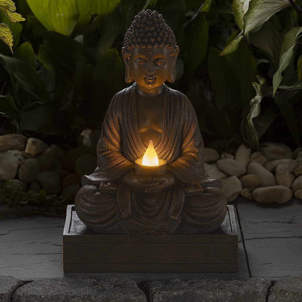 VP Home Tranquil Pagoda & Glowing Serenity Meditative Buddha Solar Powered Flickering LED Outdoor Decor Garden Light