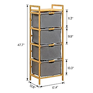 MoNiBloom Bamboo Organizer Clothing Storage Shelf with 4 Part Compartment Sorter Baskets Fabric Removable Clothes Drawers for Bedroom Laundry Living Room, Grey