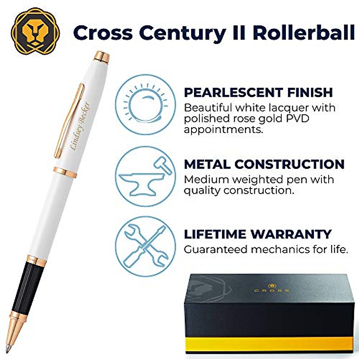Dayspring Pens Engraved Cross Pen | Personalized Cross Century II Pearlescent White Lacquer Rollerball Pen. Custom Engraving Shipped in One Business Day.