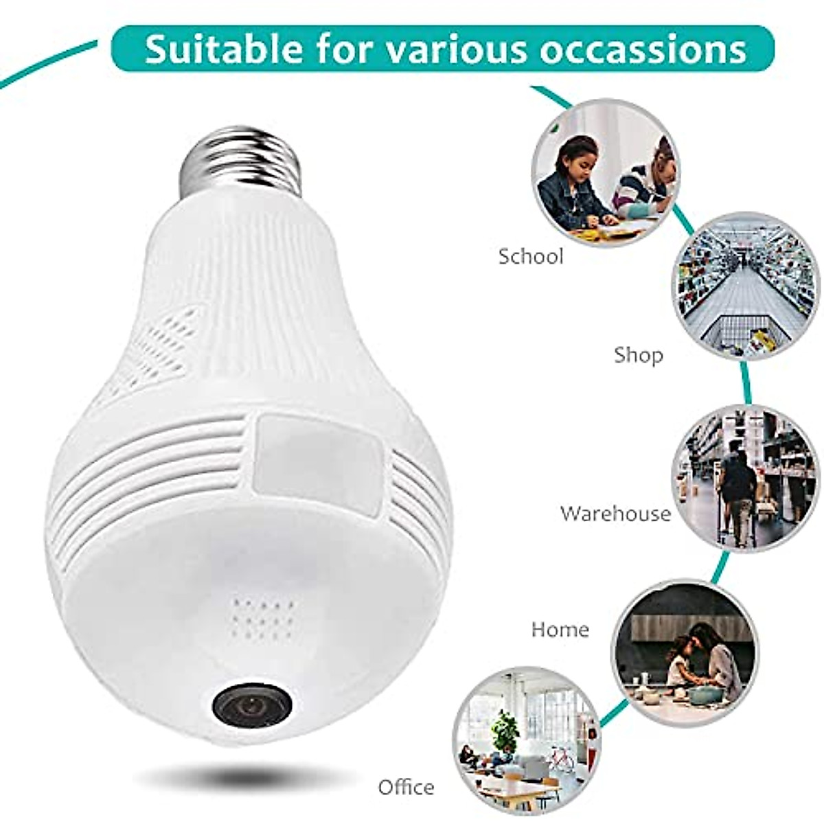 RUSFEIDA Smartbulb360 Security Camera, 360 Degree Panoramic Indoor/Outdoor Wireless IP WiFi Camera for Baby/Pet/Nanny/Elder/Home, Color Night Vision, Motion Detection, Two Way Talk, E27 Light Socket