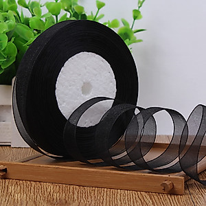 MUWOOB 1 inch Black Organza Ribbon, 50 Yards Sheer Chiffon Ribbons for Gift Wrapping, Bouquet, Garland, Bowknot, Hair, Crafts, Balloons, Party Decoration