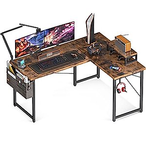 ODK L Shaped Desk, 51" Computer Corner Desk, Gaming Desk, Home Office Writing Desk with Monitor Shelf, Space-Saving Workstation Desk, Modern Simple Wooden Desk, Easy to Assemble, Vintage