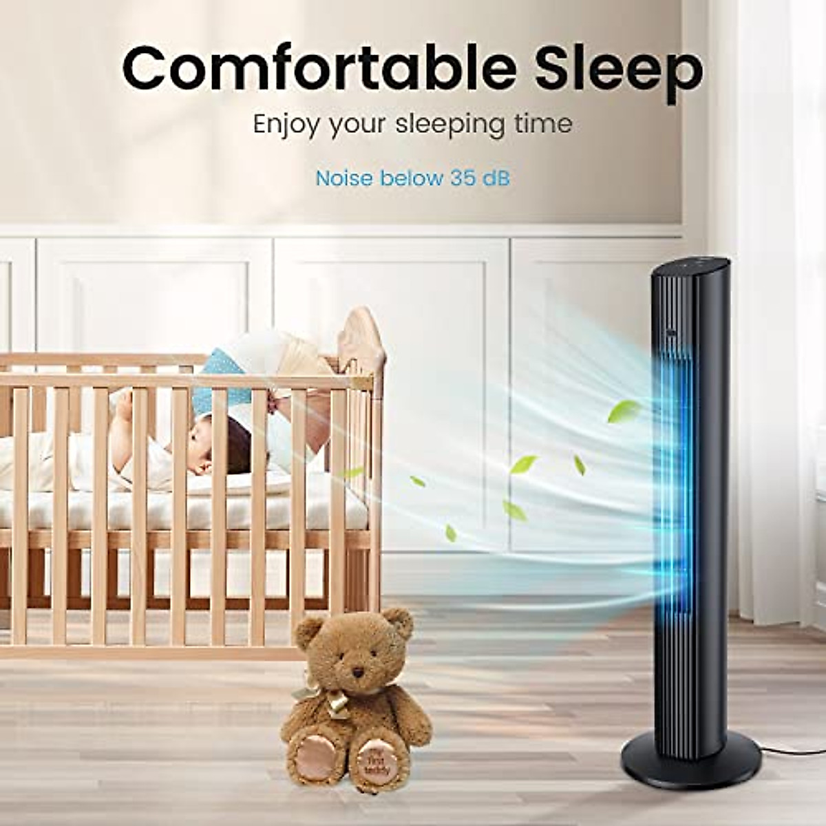 Grelife 36'' Tower Fan with Remote, 75° Oscillating Fan, Bladeless 3 Modes, Speeds, LED Display Auto Off, Quiet Cooling 12H Timer for Bedroom Living Room Office, Black