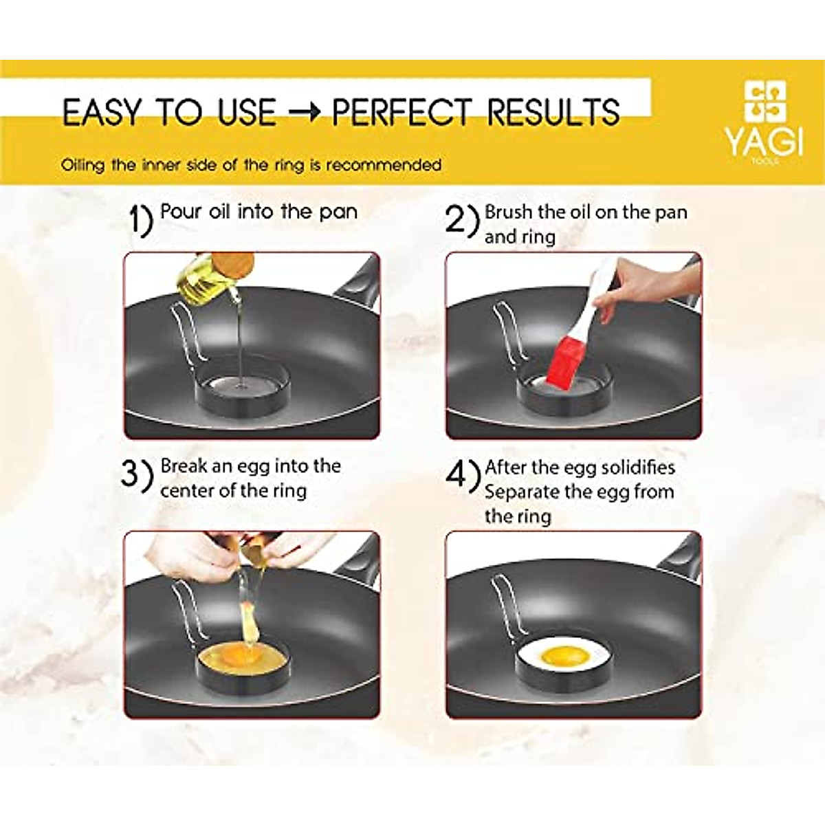 YAGITools Egg Rings Mold- Set of 4 Round Egg Rings for Egg McMuffins - Rust & Leak proof Egg Rings for Frying Eggs - Egg Molds with Foldable Handles + Silicone Basting Brush (3.5 inch), black