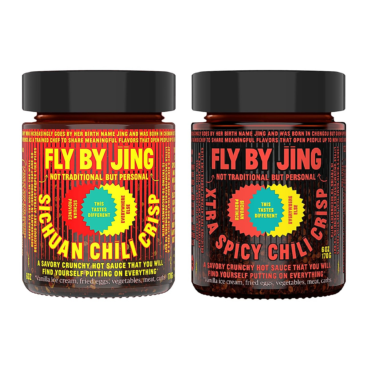 FLYBYJING Spicy Duo - Premium Sichuan & Xtra Spicy Chili Crisp Sauce Bundle - Hot & Savory - Elevates the Flavor of Any Dish - Perfect for Stir-fries, Dumplings, Noodles and More (6 oz, Pack of 2)