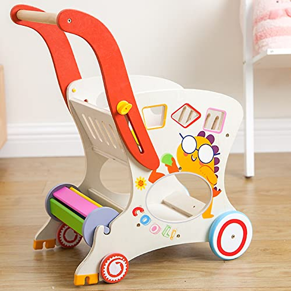 Kids Shopping Cart Wooden Baby Walker Baby Push Learning Walker for Kids Adjustable Handle Height