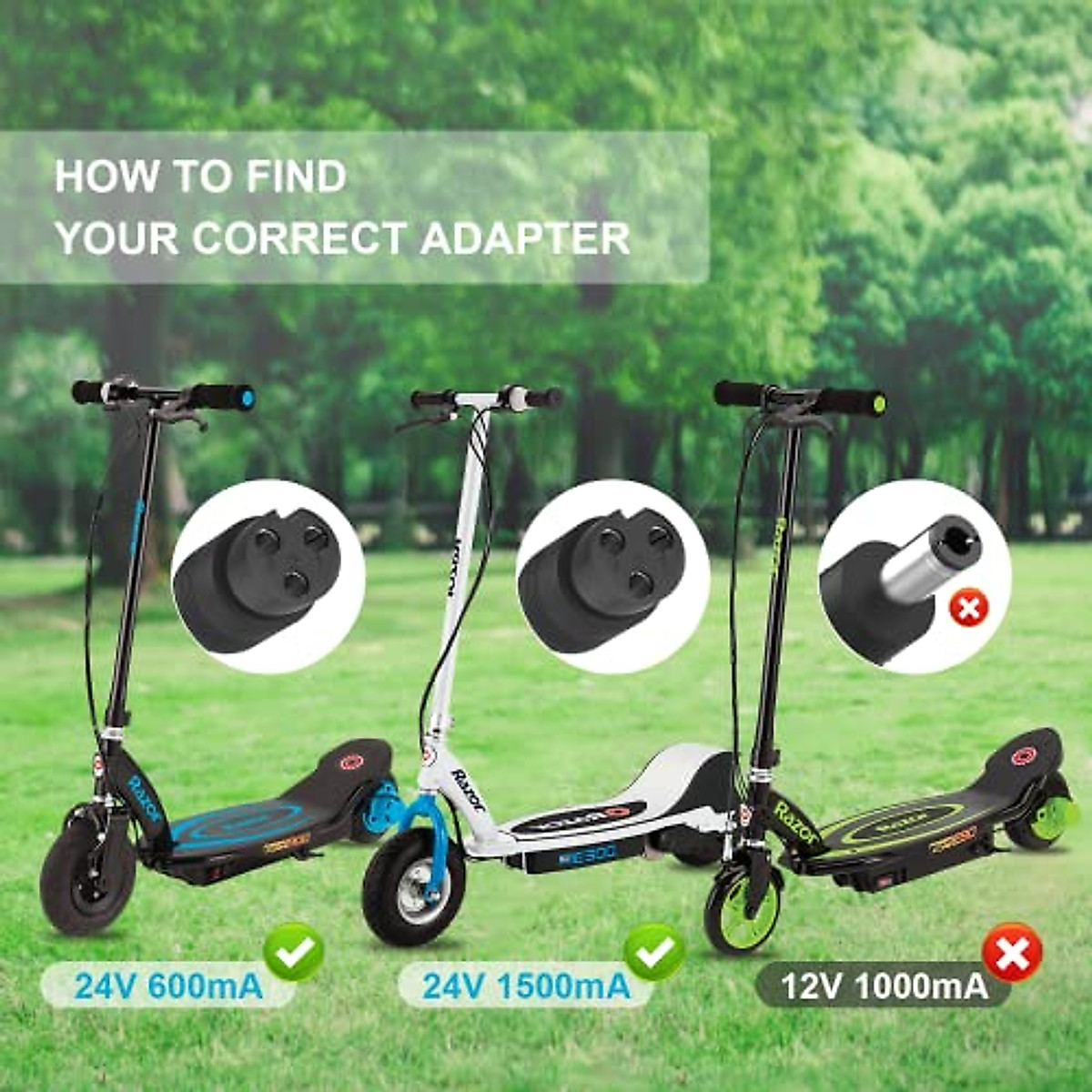 Charger for Razor Electric Scooter MX350, Dirt Bike, E100, Crazy Cart, Pocket Mod, E300, Quad, Moped, E200, PR200, Sports Mod, Replacement 24V Scooters and Some 4 Wheel Rides Battery Power Cord