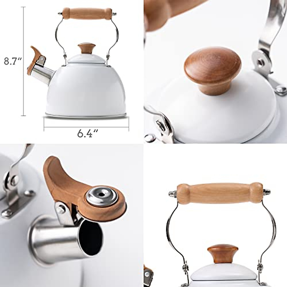 ROCKURWOK Whistling Tea Kettle, 1.6 QT / 50 OZ, White Teapot, Universal Base for Induction | Gas | Electric | Halogen | Radiant, Wooden Handle, Vintage