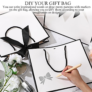 Silkfly 12 Pcs Thank You Gift Bags with Handles 11.8 x 10 x 4'' Paper Bag with Bow Ribbon Gift Wrap Bags for Wedding Bridesmaid Party Baby Shower Birthday Housewarming Gifts(White, Black)