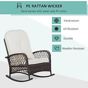 Outsunny Outdoor Wicker Rocking Chair with Wide Seat, Thickened Cushion, Rattan Rocker with Steel Frame for Patio, Garden, Backyard, Cream White