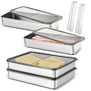 Maxcheck 6 Pcs Stainless Steel Food Containers with Lids 2 Metal Bacon Container for Refrigerator 2 Cheese Deli Meat Steamer Airtight Bacon Keeper 2 Food Clips for Freezer Buffet Kitchen