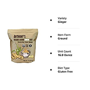 Anthony's Organic Ground Ginger Root, 1 lb, Gluten Free, Non GMO, Keto Friendly