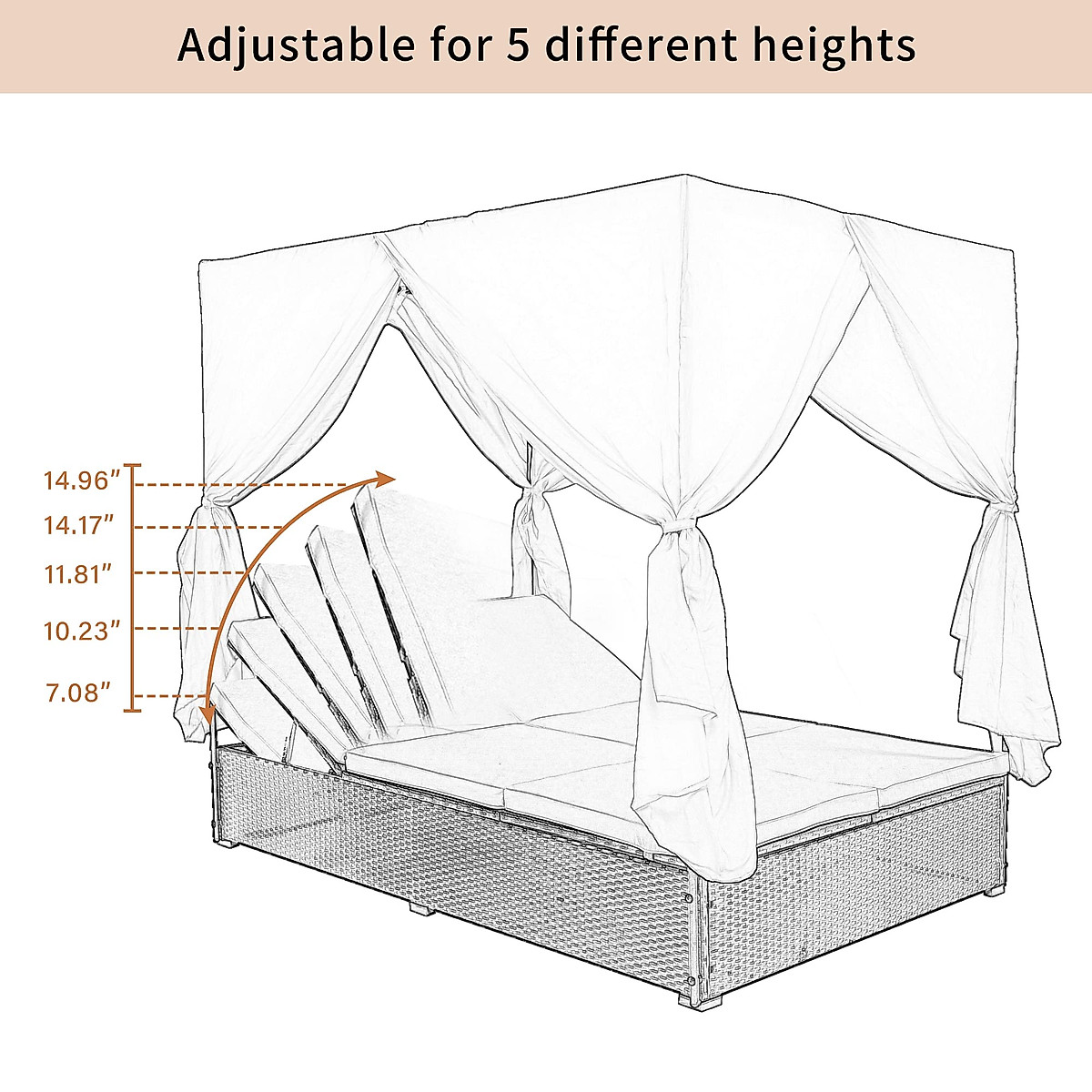 N NAANSI Patio Chaise Lounge, PE Rattan Outdoor Patio Wicker Sunbed Daybed with Adjustable Seats, Four-sided Canopy, Overhead Curtain and Cushions for Backyard, Garden, Poolside, Orange+Black Rattan