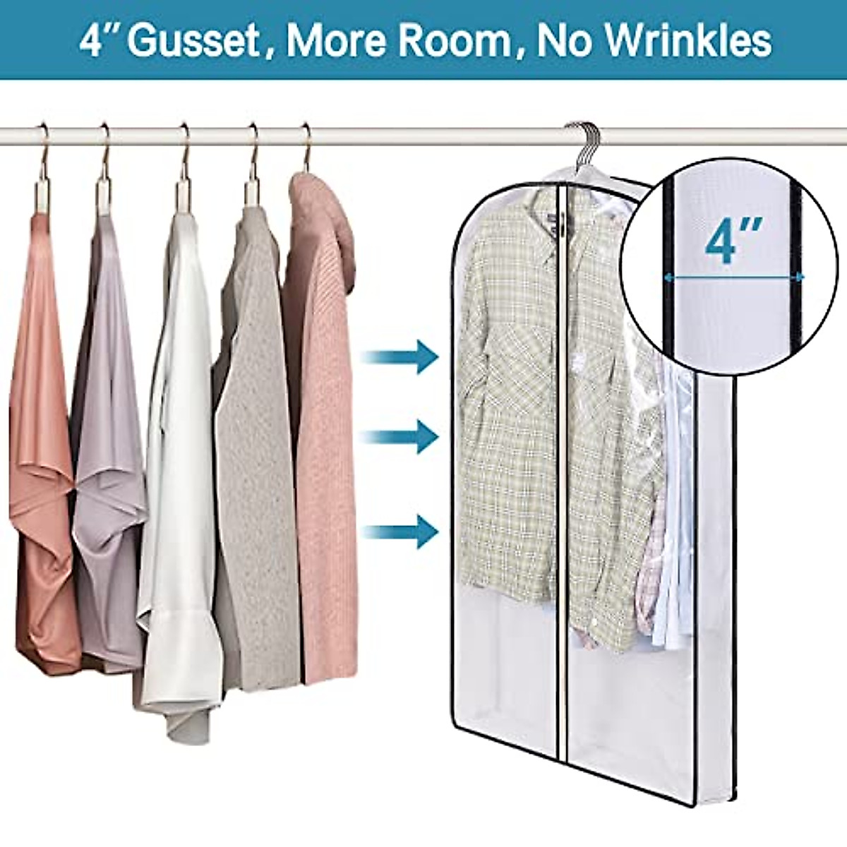 KIMBORA 40" Garment Bags for Hanging Clothes Storage with 4" Gussetes Clear Suit Bags for Closet Storage Coat Cover for Sweaters Shirts, Jackets, (5 Packs,White)