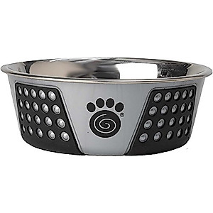 PetRageous 13098 Fiji Stainless Steel Non-Slip Dishwasher Safe Dog Bowl 3.75-Cup Capacity 6.75-inch Diameter 2.5-inch Tall for Medium and Large Dogs, Light Grey and Black