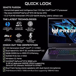 Acer Predator Helios 300 Gaming Laptop | 12th Gen Intel i7-12700H | GeForce RTX 3060 GPU | 17.3" Full HD 144Hz 3ms IPS Display | 16GB DDR5 | 512GB Gen 4 SSD | Killer Wi-Fi 6E | PH317-56-70XJ
