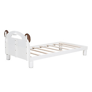 Rhomtree Twin Bed Frame with Bear Ears Shaped Headboard and LED,Wood Twin Size Platform Bed Frames with Headboard for Boy Girl Kids,No Box Spring Needed(White, Twin)