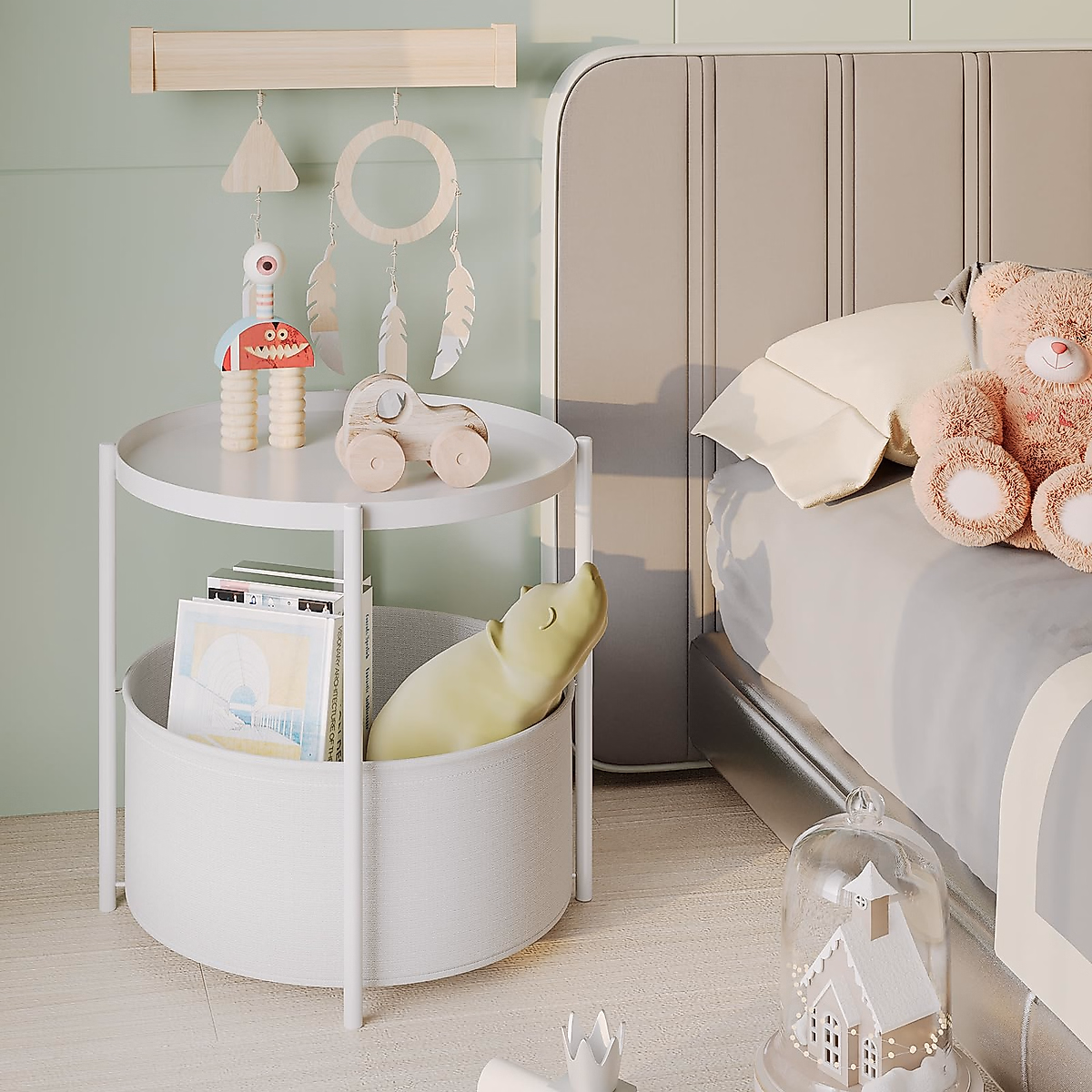 Fixwal Round Side Table with Fabric Storage Basket, Metal Small Bedside Table Nightstand with Removable Tray for Living Room, Bedroom, Nursery, Laundry, White