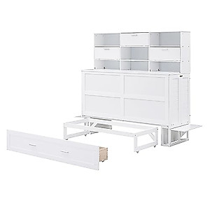 DEYOBED Queen Size Murphy Bed - Features Bookcase, Bedside Shelves, and Spacious Drawer - Space-Saving Solution for Guest Room or Home Office - White